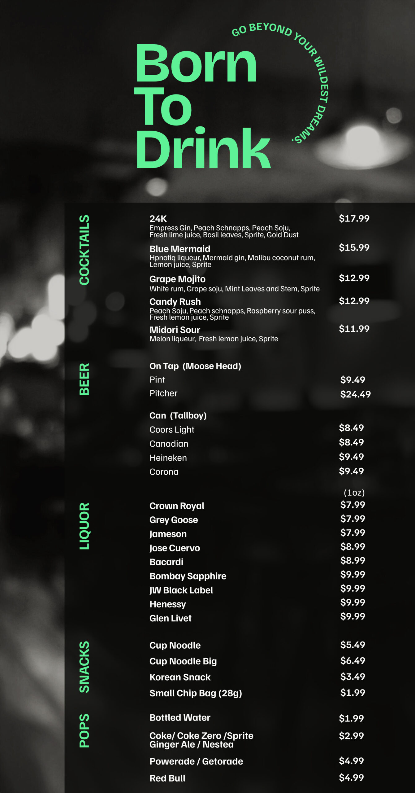 Bar/Snack Menu – Born To Golf